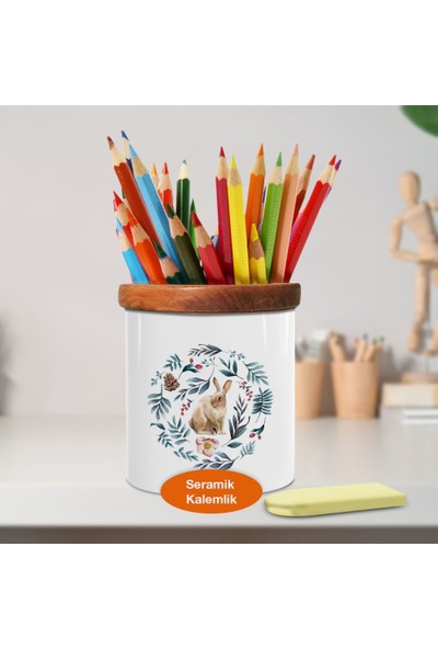 Asilmeydan Yapraklar Arasında Tavşan Ahşaplı Seramik Kalemlik - 53876-40642