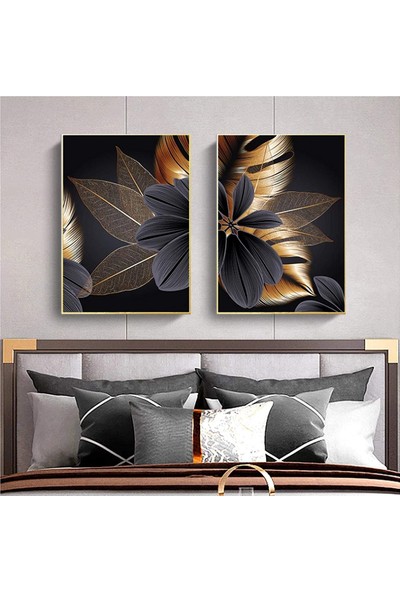 İon Siyah Altın Bitki Yaprağı Kanvas Tablo 2li Set 90X120 cm İon Siyah Altın Bitki Yaprağı Kanvas Tablo 2li Set 90X120 cm