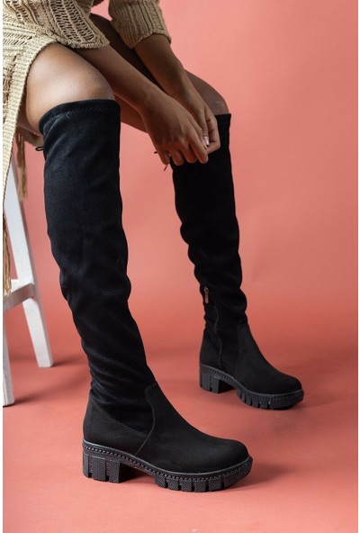 Imershoes Günlük Diz Üstü Kadın Yüksek Taban Siyah Süet Streç Çorap Çizme Fermuarlı