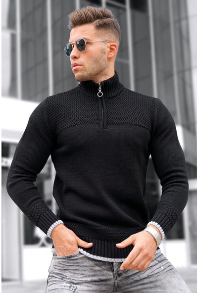 Madmext Siyah Fermuarlı Erkek Kazak 5613