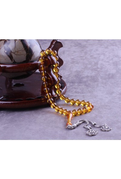 Burhan Sağlam Ateş Kehribarı Küre Kesim Gümüş Püsküllü Tespih