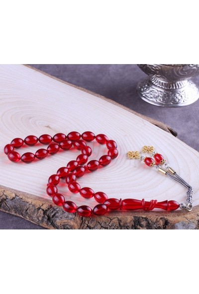 Burhan Sağlam Ateş Kehribarı Arpa Kesim Gümüş Püsküllü Tespih