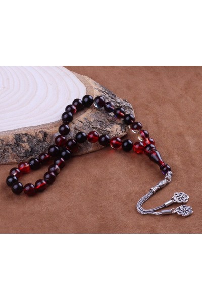 Burhan Sağlam Ateş Kehribarı Küre Kesim Gümüş Püsküllü Tespih