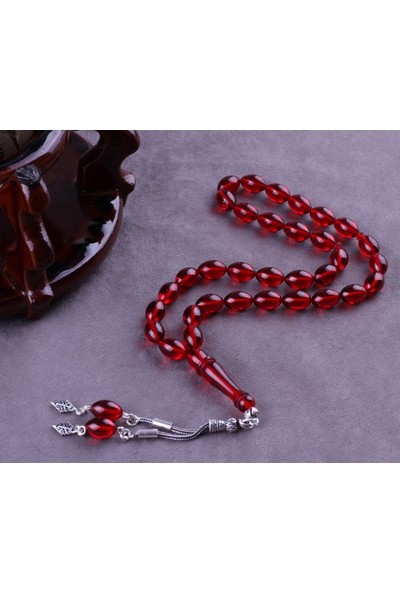 Burhan Sağlam Ateş Kehribarı Arpa Kesim Gümüş Püsküllü Tespih