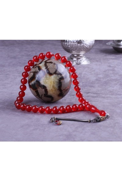 Burhan Sağlam Ateş Kehribarı Küre Kesim Gümüş Püsküllü Tespih