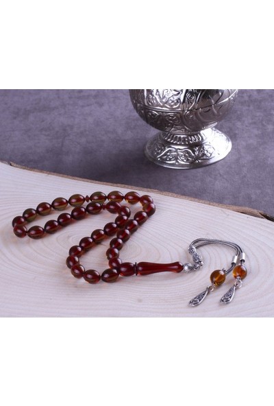 Burhan Sağlam Ateş Kehribarı Arpa Kesim Gümüş Püsküllü 2 Yedek Habbeli Tespih