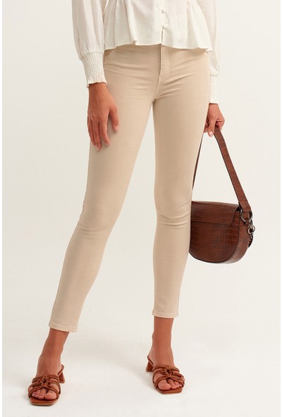 Modamiks Toparlayıcı Etkili Likralı Skinny Jeans Dar Paça Keten Pantolon - Bej
