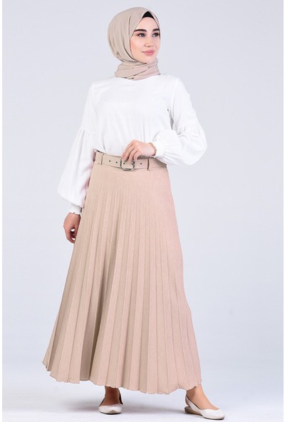 Modamiks Belden Gümüş Toka Kemerli Piliseli Yüksek Bel Mevlana Etek - Krem