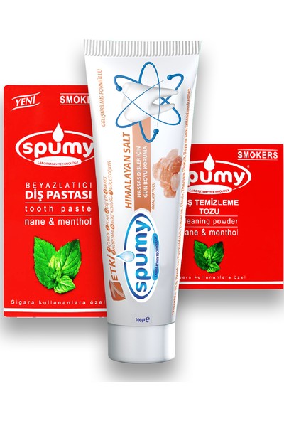 Spumy Diş Temizleme Tozu + Spumy Beyazlatıcı Diş Pastası + Spumy Diş Macunu Himalaya Tuzlu