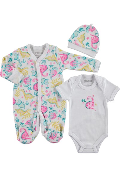 Hello Baby Kız Bebek Dinozor Interlok Uzun Kol Patikli Bebe Yaka 3'lü Tulum-Body-Şapka