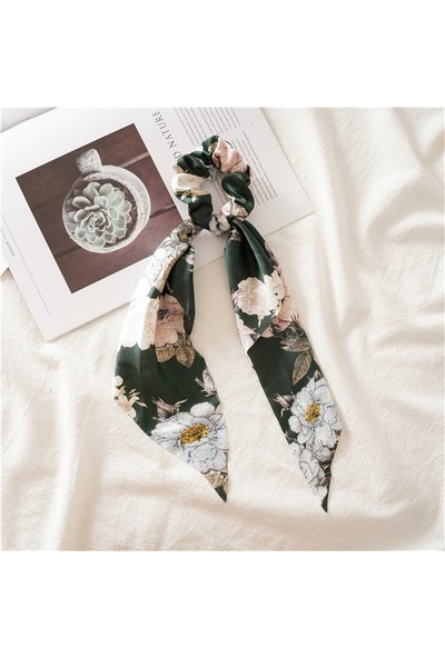 Somuch Kadın Lüx Saten Fularlı Lastik Toka Haki Desenli