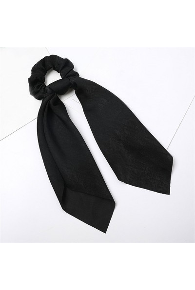 Somuch Kadın Saten Düz Fular Lastik Toka Parlak Siyah
