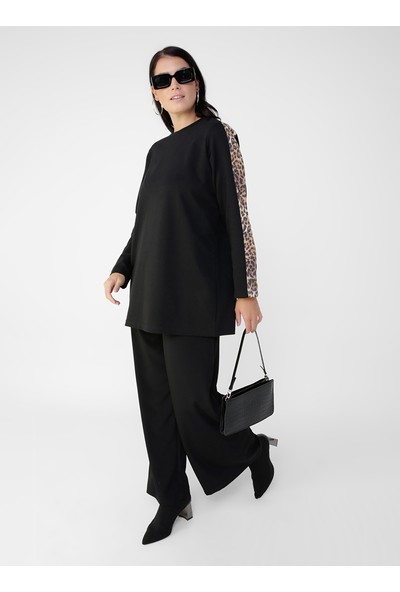 Alia Büyük Beden Kolları Leopar Desenli Tunik - Siyah - Alia Alia Büyük Beden Kolları Leopar Desenli Tunik - Siyah - Alia