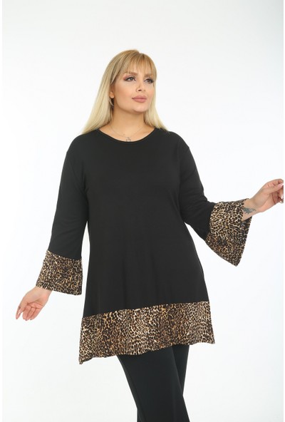 Kasheha Kadın Siyah-Leopar Büyük Beden Bisiklet Yaka Kol ve Eteği Desenli Penye Tunik - BUY6097000 Kasheha Kadın Siyah-Leopar Büyük Beden Bisiklet Yaka Kol ve Eteği Desenli Penye Tunik - BUY6097000