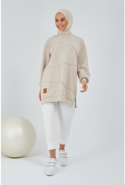 Meqlife Asimetrik Çizgili Yırtmaçlı Eşofman Takım - Bej