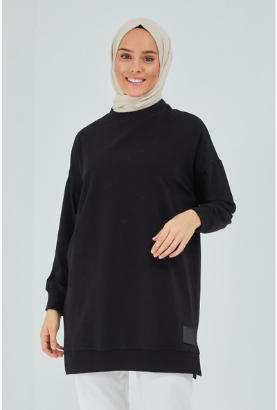 Meqlife Yırtmaçlı Düz Renk Sweatshirt - Siyah