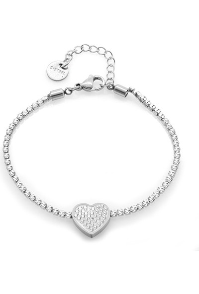 Gümüş Hediye Al Beyaz Zirkon Taşlı Kalp Tasarım Silver Renk Çelik Kadın Bileklik