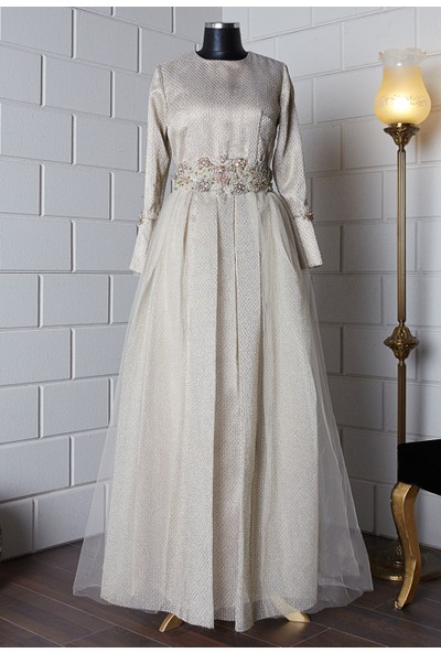 SETRMS Gold Işlemeli Tüllü Tesettür Abiye 181107