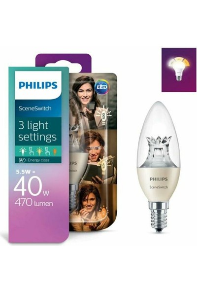 Philips LED Sceneswitch 40W Ayarlanabilir 3 Farklı Işık Ince Duy - Tek Ampulde 3 Işık Ayarı Philips LED Sceneswitch 40W Ayarlanabilir 3 Farklı Işık Ince Duy - Tek Ampulde 3 Işık Ayarı