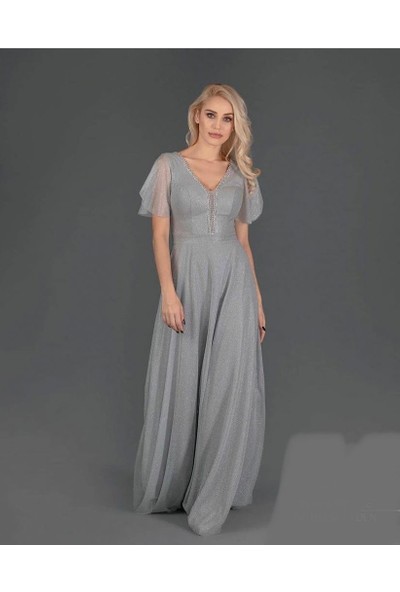 Arin Uzun Simli Abiye Ön Kısmı Pullu Abiye Elbise