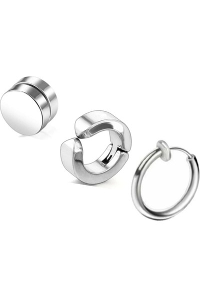 Takıconcept 3 Adet Set Deliksiz Sıkıştırmalı Mıknatıslı Küpe Gümüş