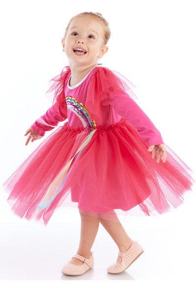 Colorinas Payetli Rainbow Uzun Kol Elbise Fuşya