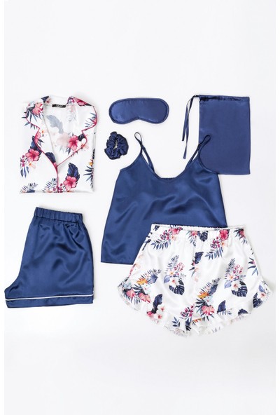 For You Moda Kadın 7 Li Yaprak Desenli Lacivert Saten Pijama Takımı For You Moda Kadın 7 Li Yaprak Desenli Lacivert Saten Pijama Takımı