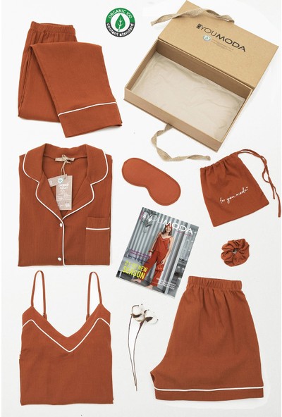 For You Moda Kadın Organik 7 Li Beyaz Biyeli Pijama Takımı Kiremit