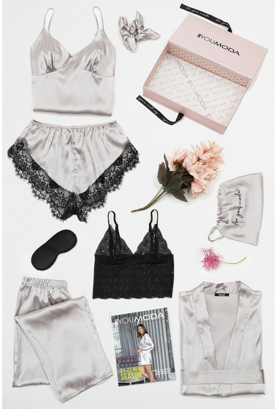 For You Moda Kadın Saten 8 Li Sabahlıklı Dantelli Pijama Takımı Gri
