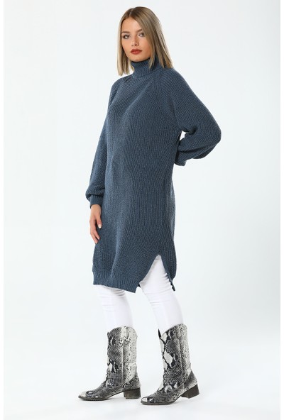 Kasheha Kadın Indigo Selanik Örgü Degaje Yaka Yırtmaçlı Salaş Triko Tunik - KAD3325179