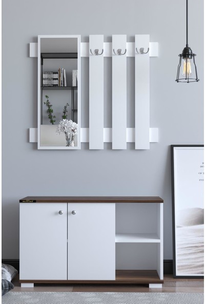 Remaks Plus Aynalı Vestiyer Ayakkabılık Portmanto ve Duvar Askısı - Ceviz / Beyaz