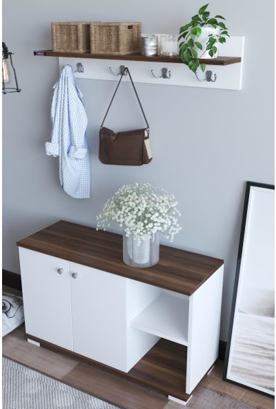 Remaks Royal Vestiyer Ayakkabılık Portmanto ve Duvar Askısı - Ceviz / Beyaz