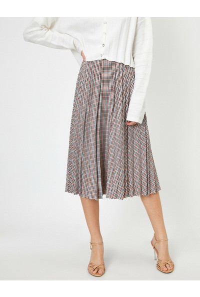 Koton Kadın Ekoseli Piliseli Midi Etek