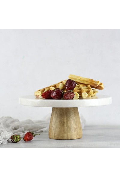 Akay Ev Akayev Mermer 25 cm Konik Ahşap Ayaklı Beyaz Kalın Yuvarlak Sunum Tabağı