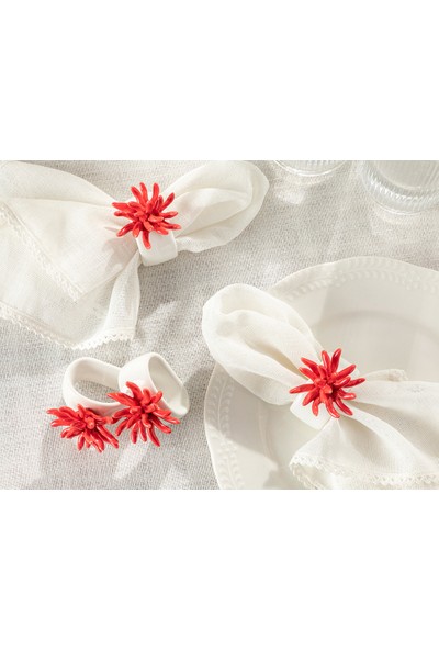 English Home Coral Stoneware 4'lü Peçete Halkası 5,5 cm Nar Çiçeği