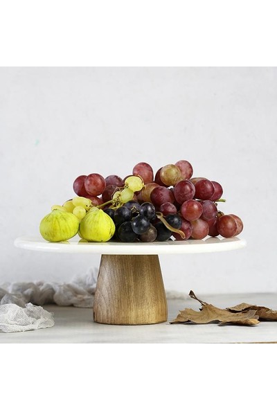 Akay Ev Akayev Mermer 28 cm Konik Ahşap Ayaklı Beyaz Yuvarlak Sunum Tabağı