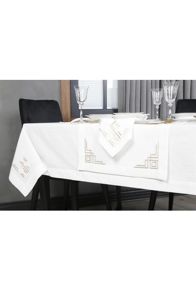 Caka Home Runner Geometrik Çift Kare Nakışlı Keten Efektli -Siyah