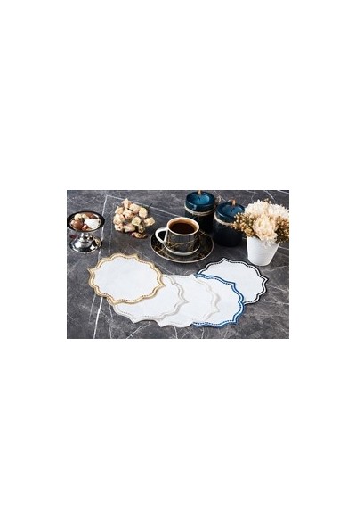 Caka Home 6'lı Kokteyl Peçetesi Nakışlı Oymalı Keten Efektli Lacivert Renkli