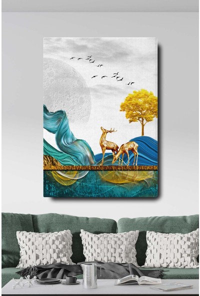 Blok Design Dekoratif Soyut Altın Geyik Ağaç ve Kuşlar Sürreal Kanvas Duvar Tablosu Blok Design Dekoratif Soyut Altın Geyik Ağaç ve Kuşlar Sürreal Kanvas Duvar Tablosu