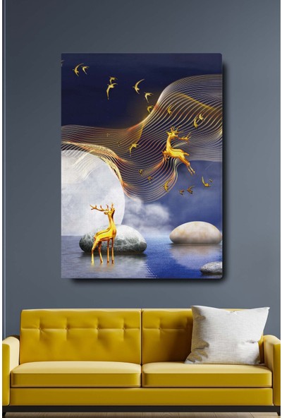 Blok Design Dekoratif Soyut Altın Geyik ve Kuşlar Sürreal Kanvas Duvar Tablosu Blok Design Dekoratif Soyut Altın Geyik ve Kuşlar Sürreal Kanvas Duvar Tablosu
