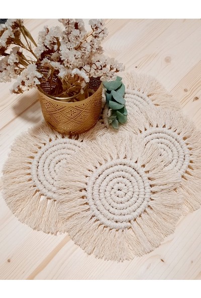 Lightcrop Krem Yuvarlak Makrome Bardak & Mum Altlığı (12 Adet)
