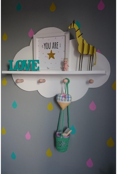 Modalanka Montessori Askılıklı Bulut Raf Bebek Çocuk Odası Dekoratif Duvar Rafı 4 Askılıklı