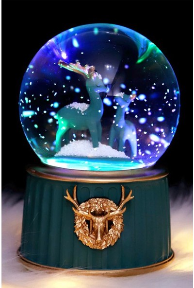 Hediye Fikri Geyik Tasarımlı Püskürmeli Işıklı Müzikli Kar Küresi-Yeşil