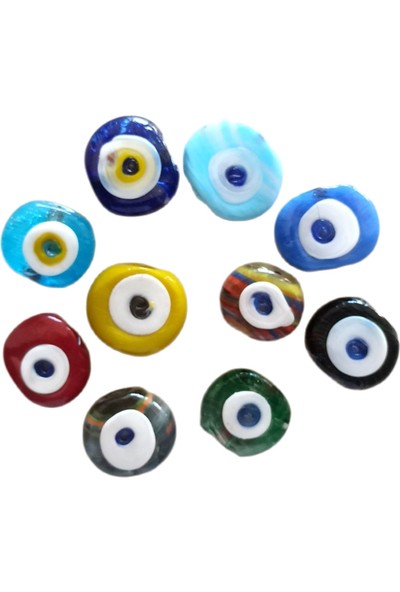 Mixperi Yassı Delikli Dana Gözü El Yapımı 10 Adet Cam Nazar Boncuğu