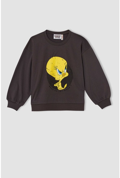 DeFacto Kız Çocuk Looney Tunes Lisanslı Regular Fit Bisiklet Yaka İçi Yumuşak Tüylü Sweatshirt V4758A621Wn