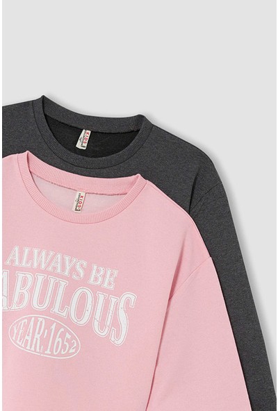 DeFacto Kız Çocuk Crop Bisiklet Yaka Baskılı 2'li Sweatshirt V6965A621Au