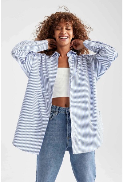 DeFacto Çizgili Oversize Fit Uzun Kollu Poplin Gömlek Tunik W1241Az21Wn