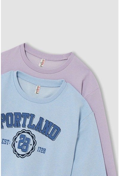 DeFacto Kız Çocuk Crop Bisiklet Yaka Baskılı 2'li Sweatshirt V6965A621Au