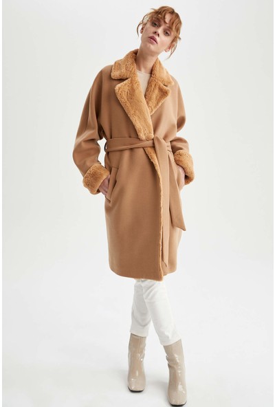 DeFacto Suni Kürk Yaka Detaylı Cepli Kuşaklı Kaşe Kaban W3907Az21Wn