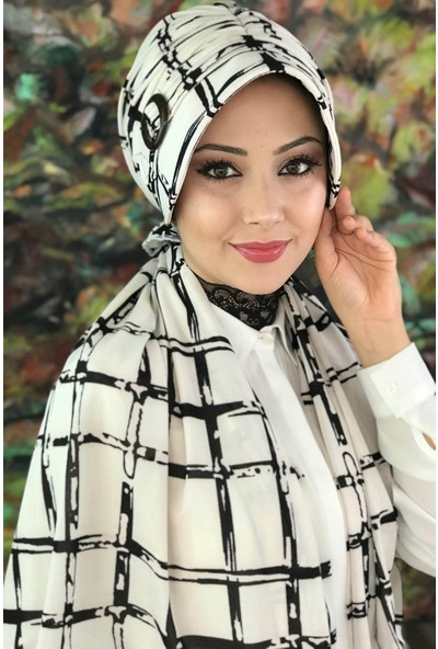 Butik Ambar Siyah Kare Desenli Beyaz Atkılı Lastik Tokalı Şapka Şal Butik Ambar Siyah Kare Desenli Beyaz Atkılı Lastik Tokalı Şapka Şal